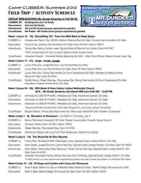 2013 Field Trip / Activity Schedule - Camp CUBBER