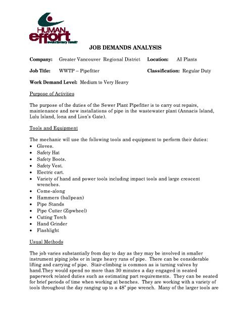 Physical Job Demands Analysis - WWTP Pipefitter - Metro Vancouver