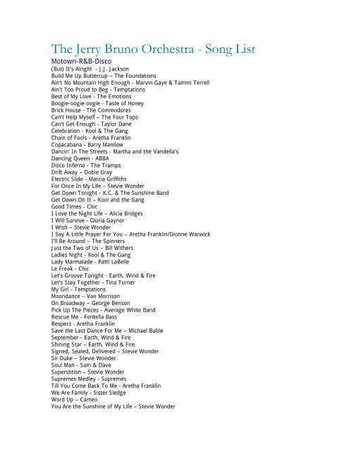 The Jerry Bruno Orchestra - Song List - Jerry Bruno Productions