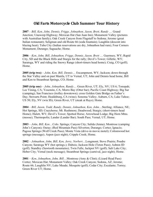 Old Farts Motorcycle Club Summer Tour History - Passes and ...