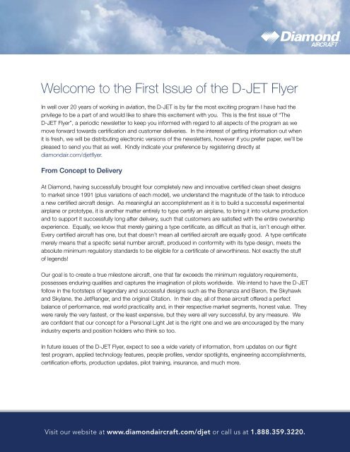 Welcome to the First Issue of the D-JET Flyer - Diamond Aircraft