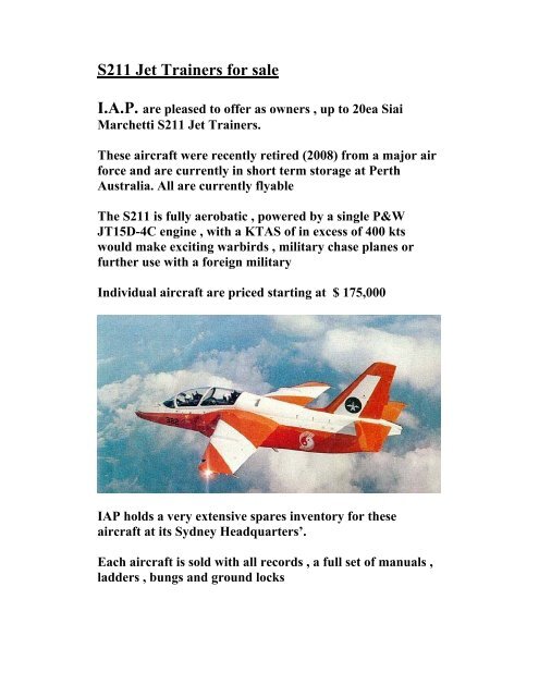 S211 Jet Trainers for sale - SIAI Marchetti aircraft