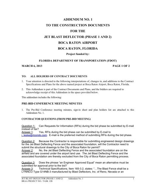 addendum no. 1 to the construction documents for the jet blast ...