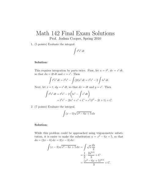 Math 142 Final Exam Solutions