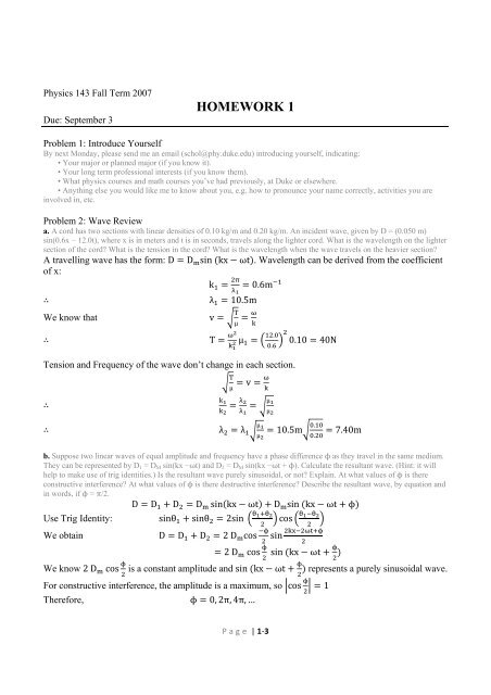 Homework 1 solutions - Duke Physics