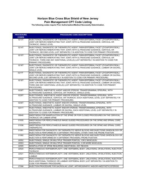 Pain Management Code Listing - Horizon Blue Cross Blue Shield of ...