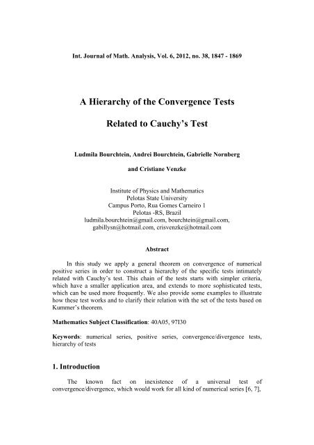 A Hierarchy of the Convergence Tests Related to Cauchy's Test