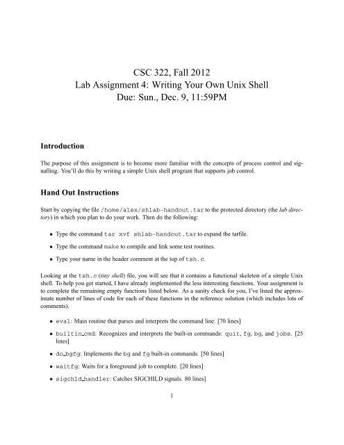 Csc 322 Fall 2012 Lab Assignment 4 Writing Your Own Unix Shell