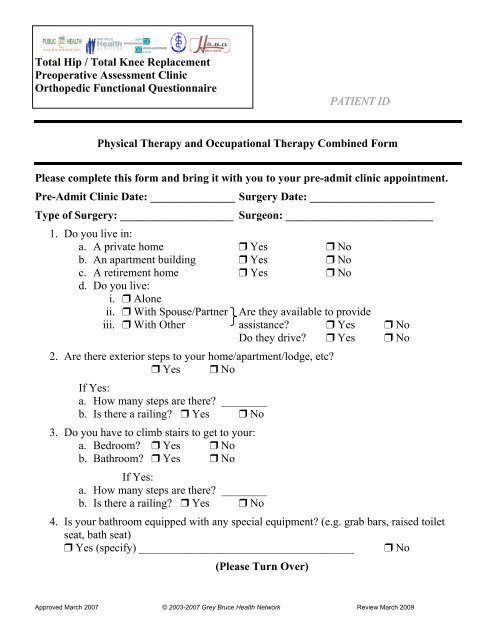 Total Knee Replacement Preoperative Assessment - Grey Bruce ...
