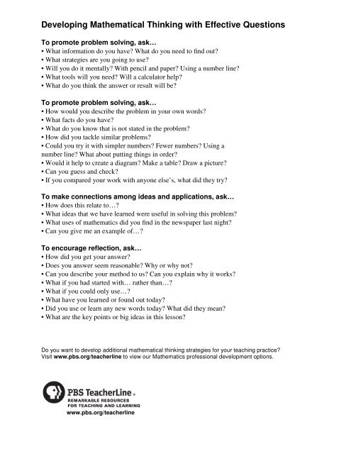 Developing Mathematical Thinking with Effective Questions - PBS