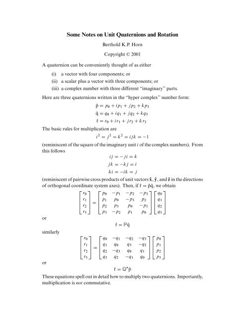 Some Notes On Unit Quaternions And Rotation Csail People