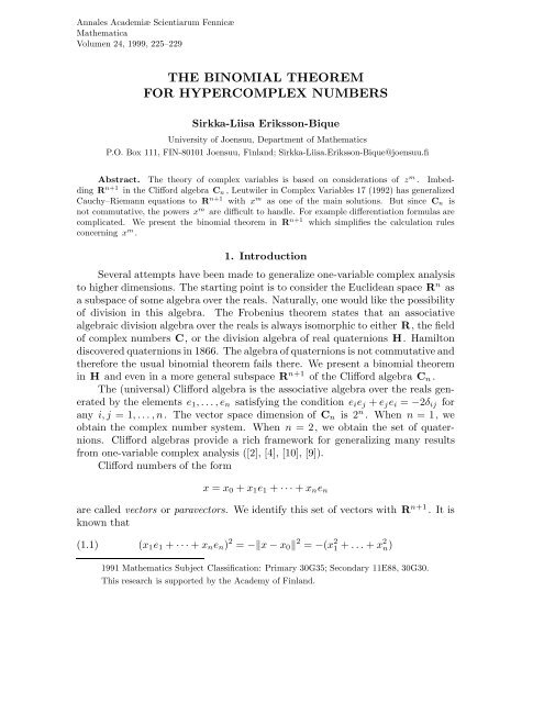 THE BINOMIAL THEOREM FOR HYPERCOMPLEX NUMBERS