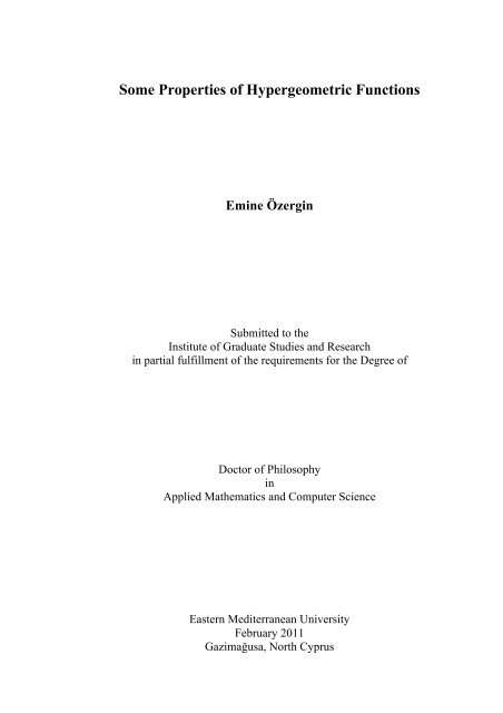 Some Properties of Hypergeometric Functions - EMU I-REP