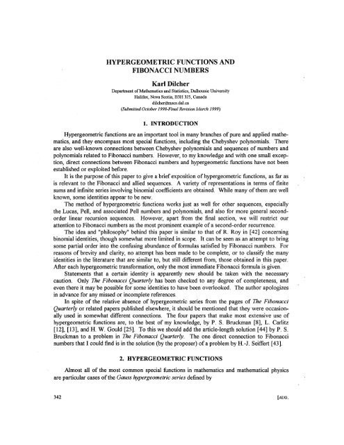 HYPERGEOMETRIC FUNCTIONS AND FIBONACCI NUMBERS ...