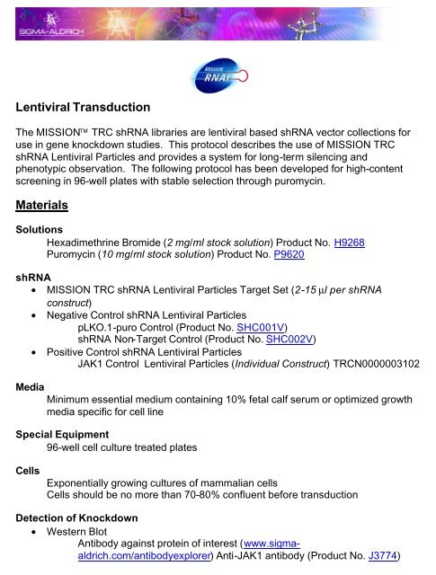 Lentiviral Transduction Protocol - Sigma-Aldrich