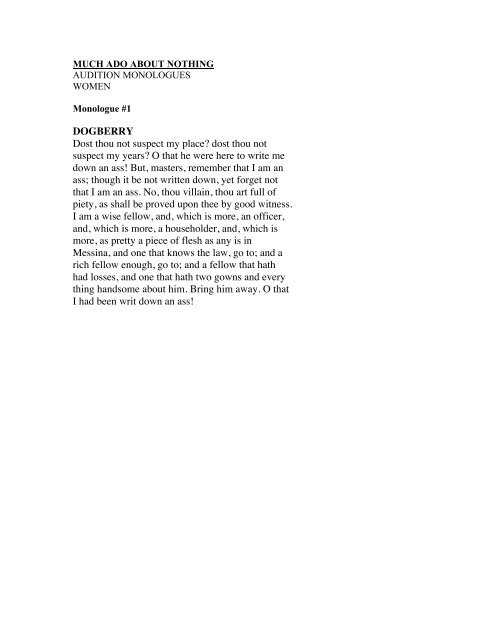 Audition Monologues Women 2012 - Nightwood Theatre