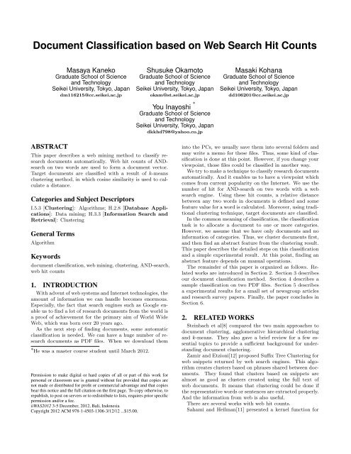 Document Classification based on Web Search Hit Counts - Iiwas.org