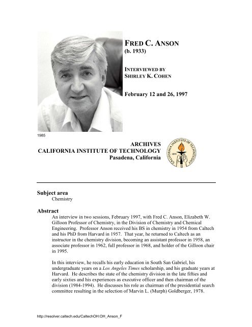 Interview with Fred C. Anson - Caltech Oral Histories - California ...