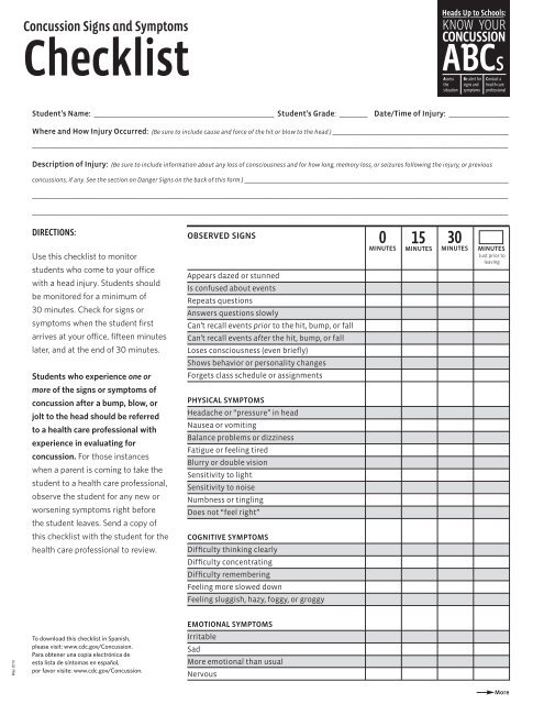 Concussion Signs and Symptoms Checklist - Centers for Disease ...