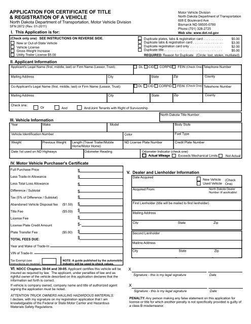 SFN 2872 Application for Certificate of Title and - North Dakota ...