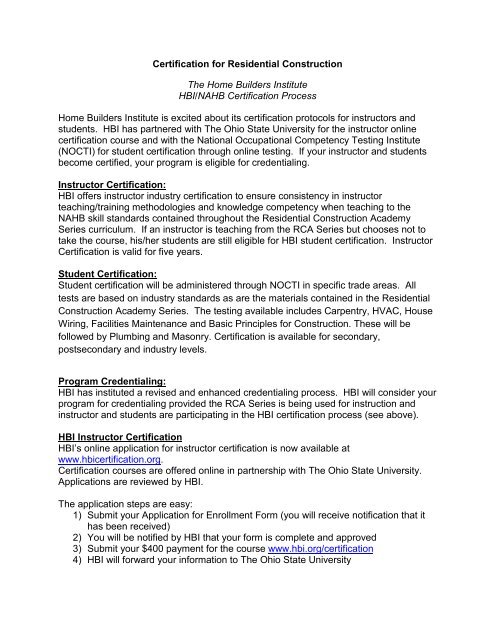 Certification for Residential Construction The Home Builders ...