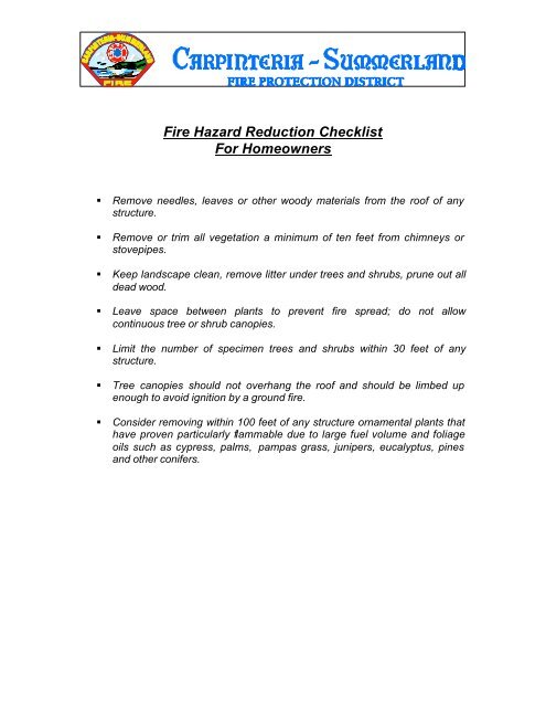 Fire Hazard Reduction Checklist For Homeowners - Carpinteria ...