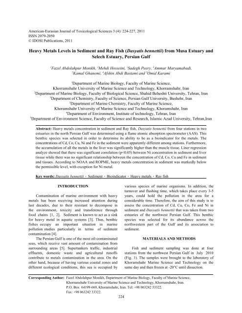 Heavy Metals Levels in Sediment and Ray Fish (Dasyatis bennettii ...
