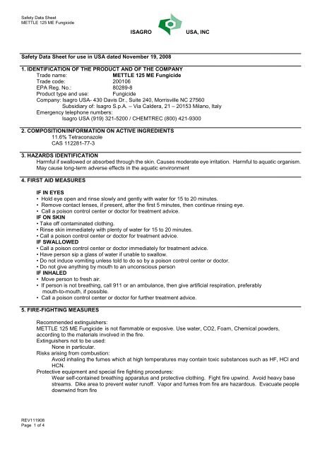 mettle®125me msds - Isagro-USA