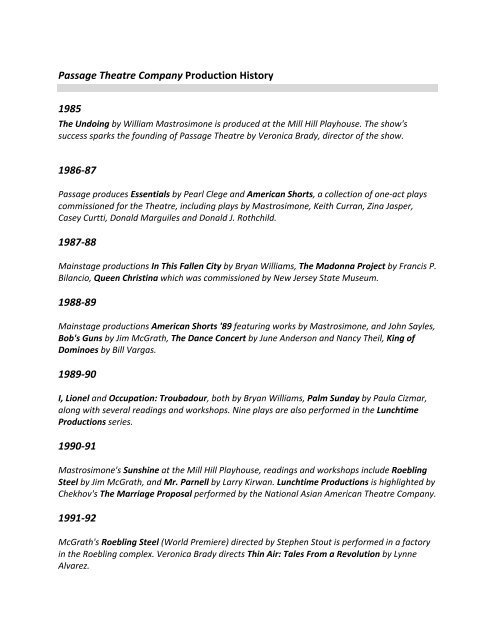 Download Production History (PDF) - Passage Theatre Company