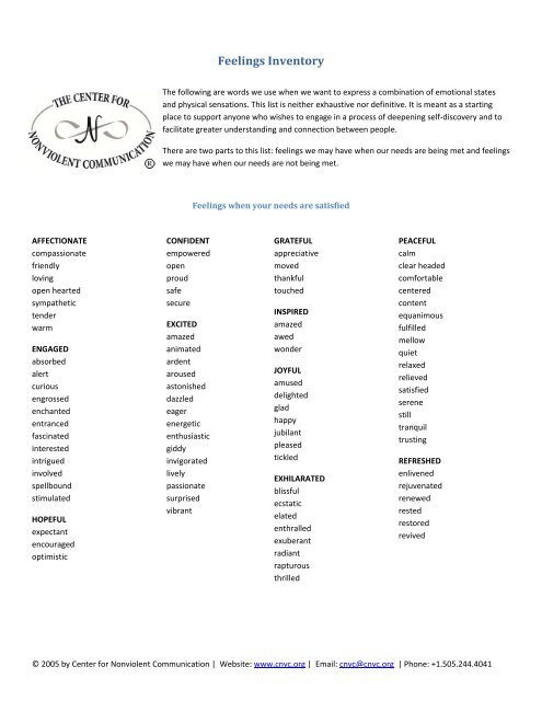 Feelings Inventory - Center for Nonviolent Communication
