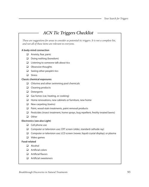 Download PDF ACN Tic Triggers Checklist - Tics and Tourette's
