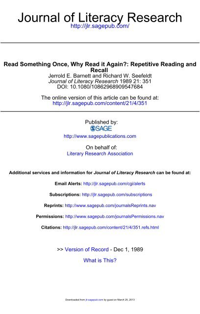 READ SOMETHING ONCE, WHY READ IT AGAIN? - Journal of ...