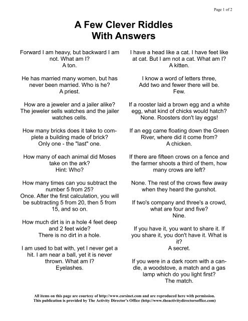 A Few Clever Riddles With the Answers - Activity Director's Office, The A Few Clever Riddles With the Answers - Activity Director's Office, The