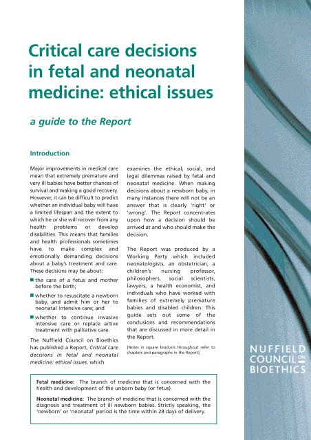 Critical care decisions in fetal and neonatal medicine: ethical issues
