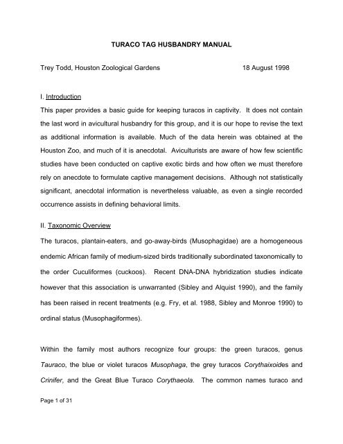 Turaco tag husbandry manual - Avian Scientific Advisory Group