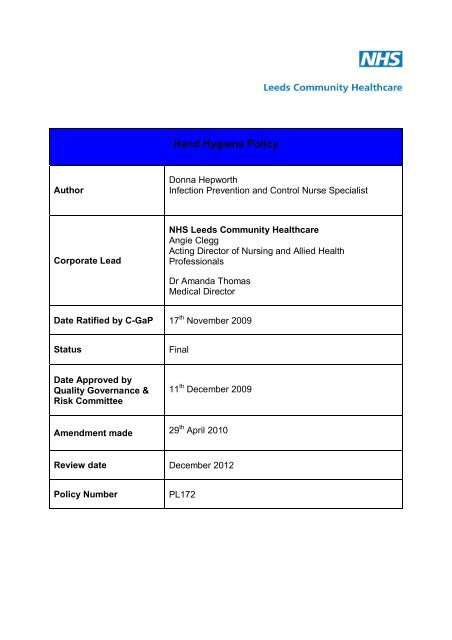 Download Hand Hygiene Policy - NHS Leeds