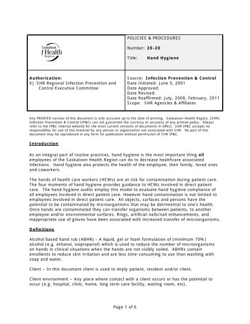 IPC 20-20 Hand Hygiene - Saskatoon Health Region