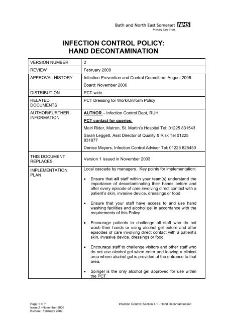 INFECTION CONTROL POLICY: HAND DECONTAMINATION