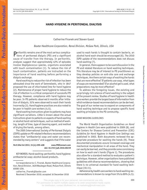 hand hygiene in peritoneal dialysis - Peritoneal Dialysis International