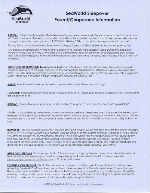 SeaWorld Sleepover Parent/Chaperone Information
