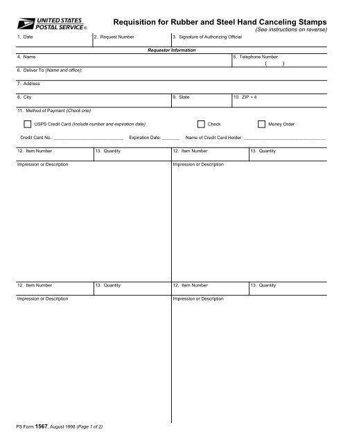 Requisition for Rubber and Steel Hand Canceling Stamps