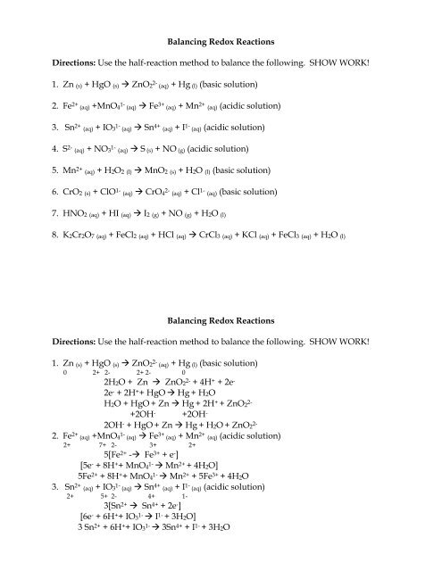 Worksheet Balancing Redox Reactions Half Equation Method Answers Worksheet Balancing Redox Reactions Half Equation Method Answers