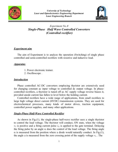 Single-Phase Half Wave Controlled Converters (Controlled rectifier) Single-Phase Half Wave Controlled Converters (Controlled rectifier)