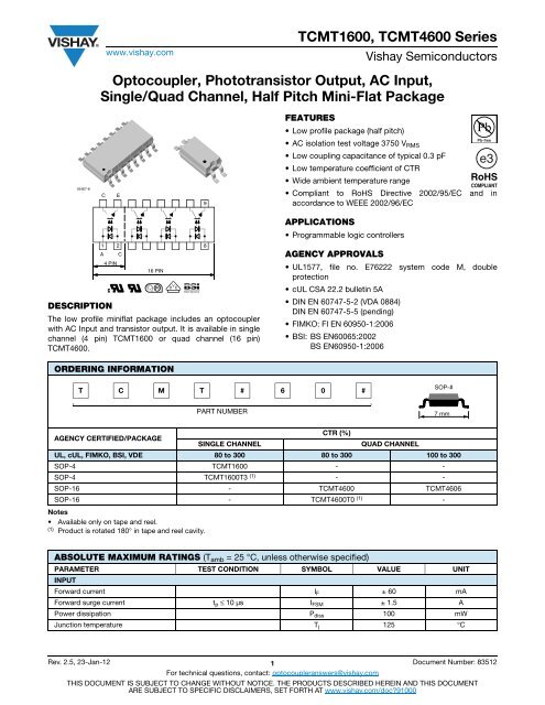 TCMT1600, TCMT4600 Series Optocoupler, Phototransistor ... - Vishay