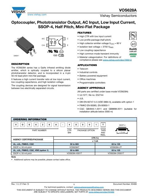 VOS628A Optocoupler, Phototransistor Output, AC Input ... - Vishay