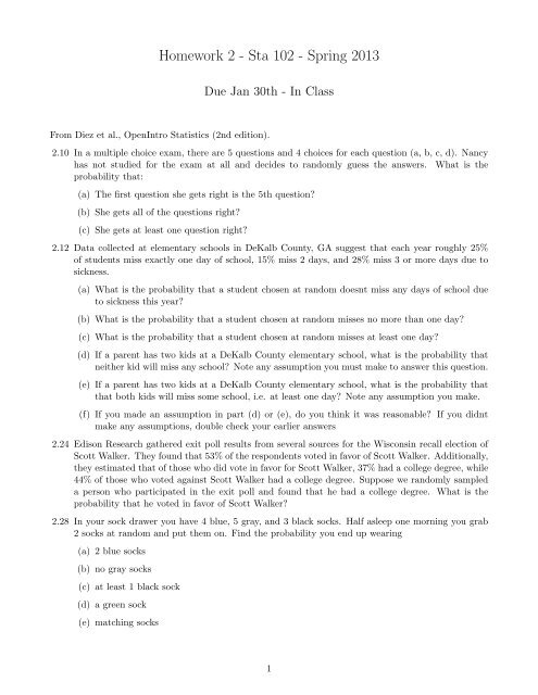 Homework 2 - Sta 102 - Spring 2013