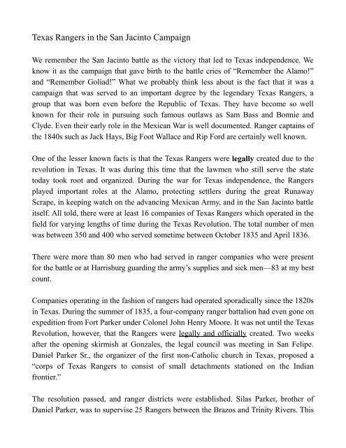 Texas Rangers in the San Jacinto Campaign - SRT Travis Chapter 7