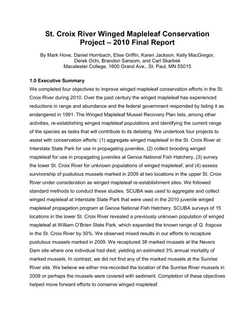 St. Croix River Winged Mapleleaf Conservation Project – 2010 Final ...