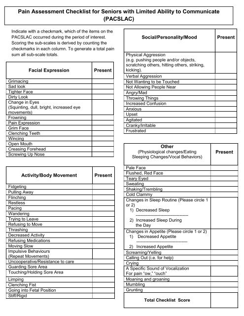 Pain Assessment Checklist for Seniors with Limited ... - Geriatric Pain