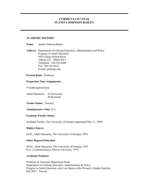 curriculum vitae juanita johnson-bailey - College of Education ...